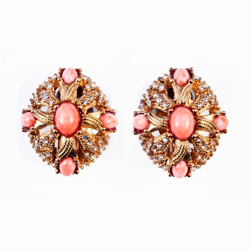 Gold, Rhinestones, Coral Earrings