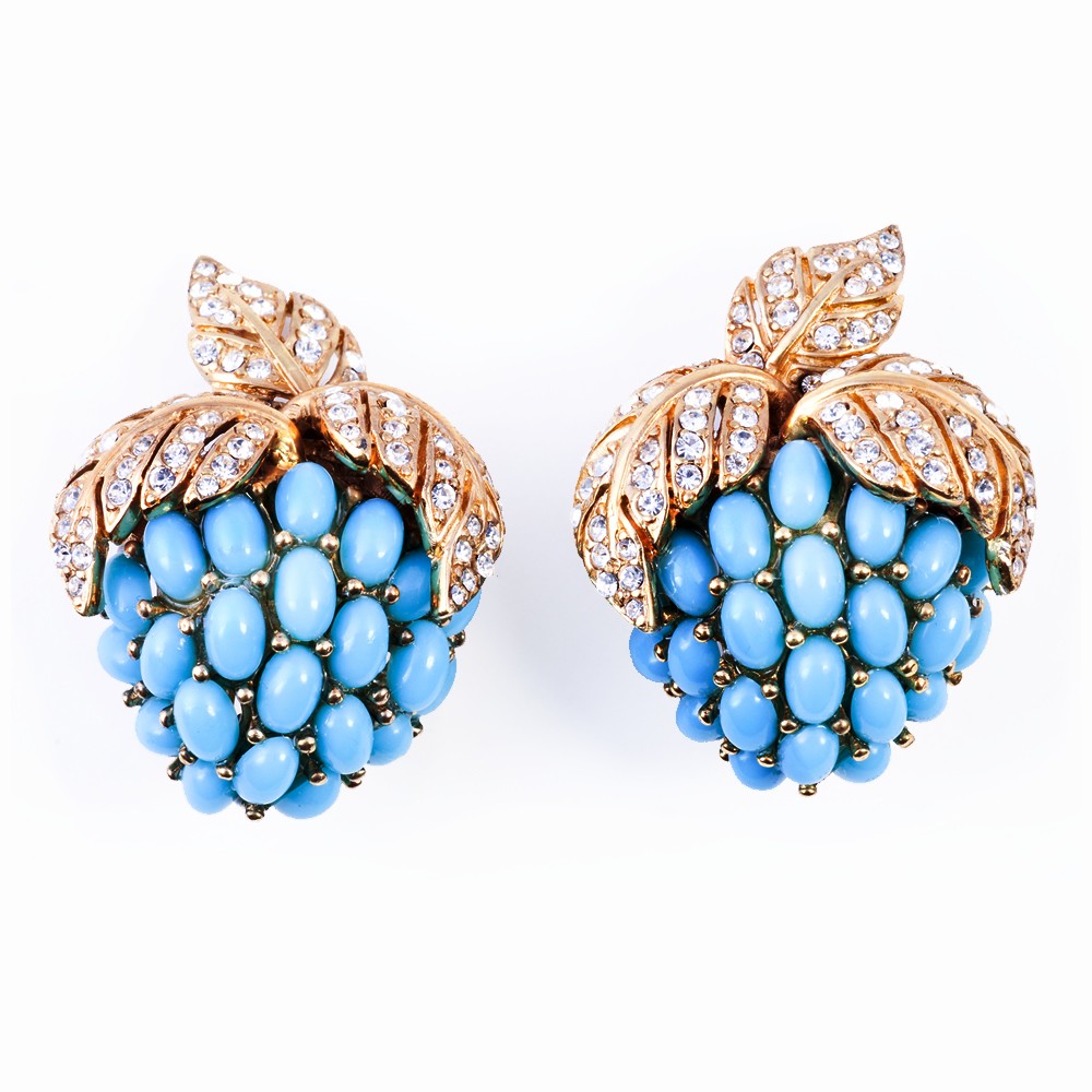 Gold, Rhinestones, Turquoise Earrings