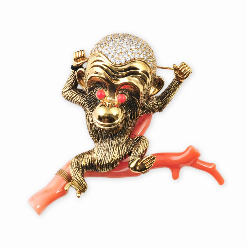 Gold, Red Coral Monkey Brooch