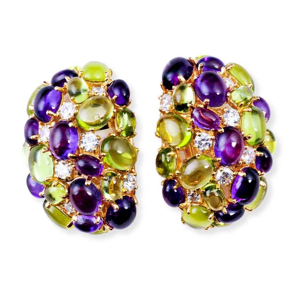 Gold, Semi-Precious, Peridot, Amethyst,CZ (Cubic Zirconia) Earrings