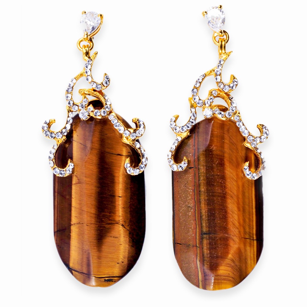 Gold, Tiger eye, Rhinestone Earrings